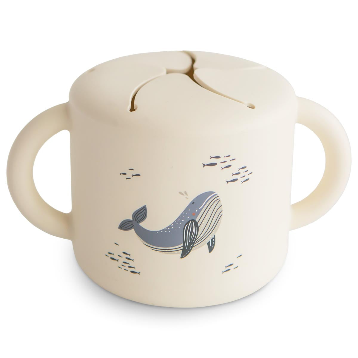Spill-proof snack cup with handles for easy grip and soft opening for ...