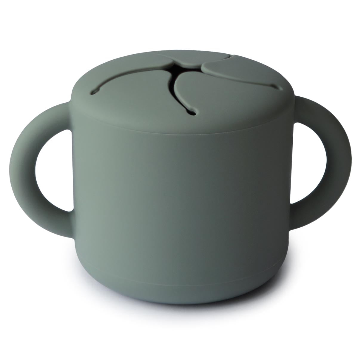 Spill-proof snack cup with handles for easy grip and soft opening for ...